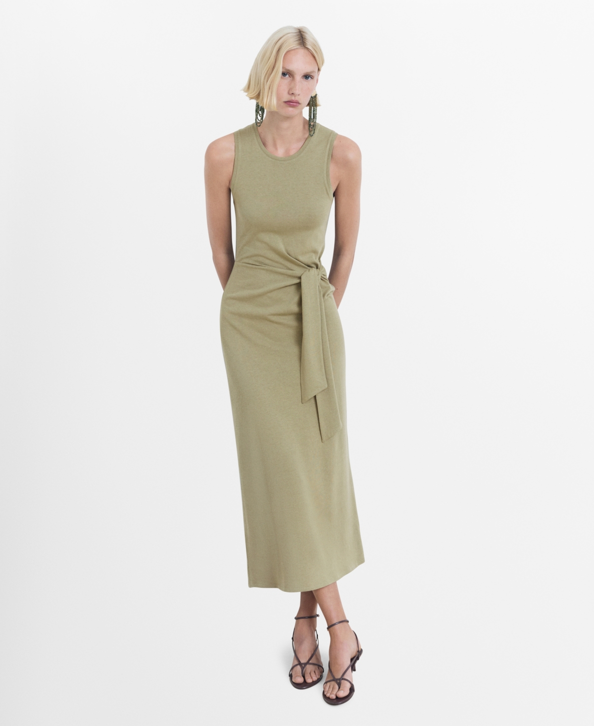 Click here for Mango Womens Knot Detail Cotton Midi Dress - Khaki prices