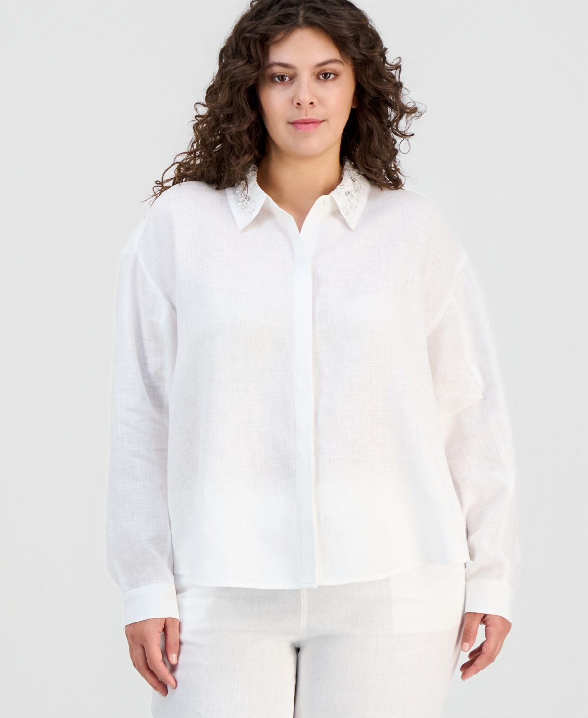 Click here for Charter Club Plus Size Linen Beaded-Collar Long-Sl... prices
