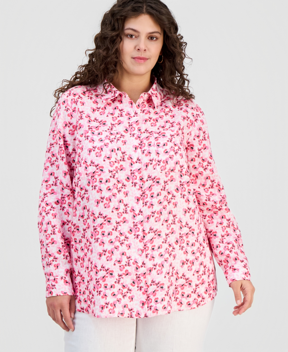 Click here for Charter Club Plus Size Linen Poppy Floral Button-F... prices