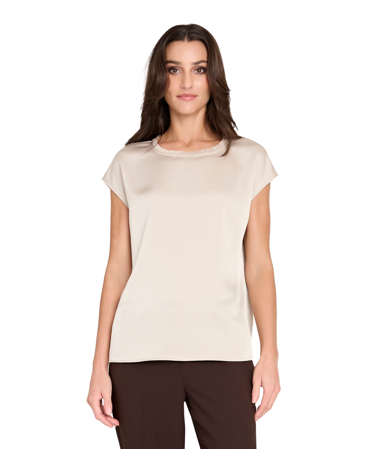 Click here for Tahari Asl Womens Fringe Crewneck Top - Taupe prices