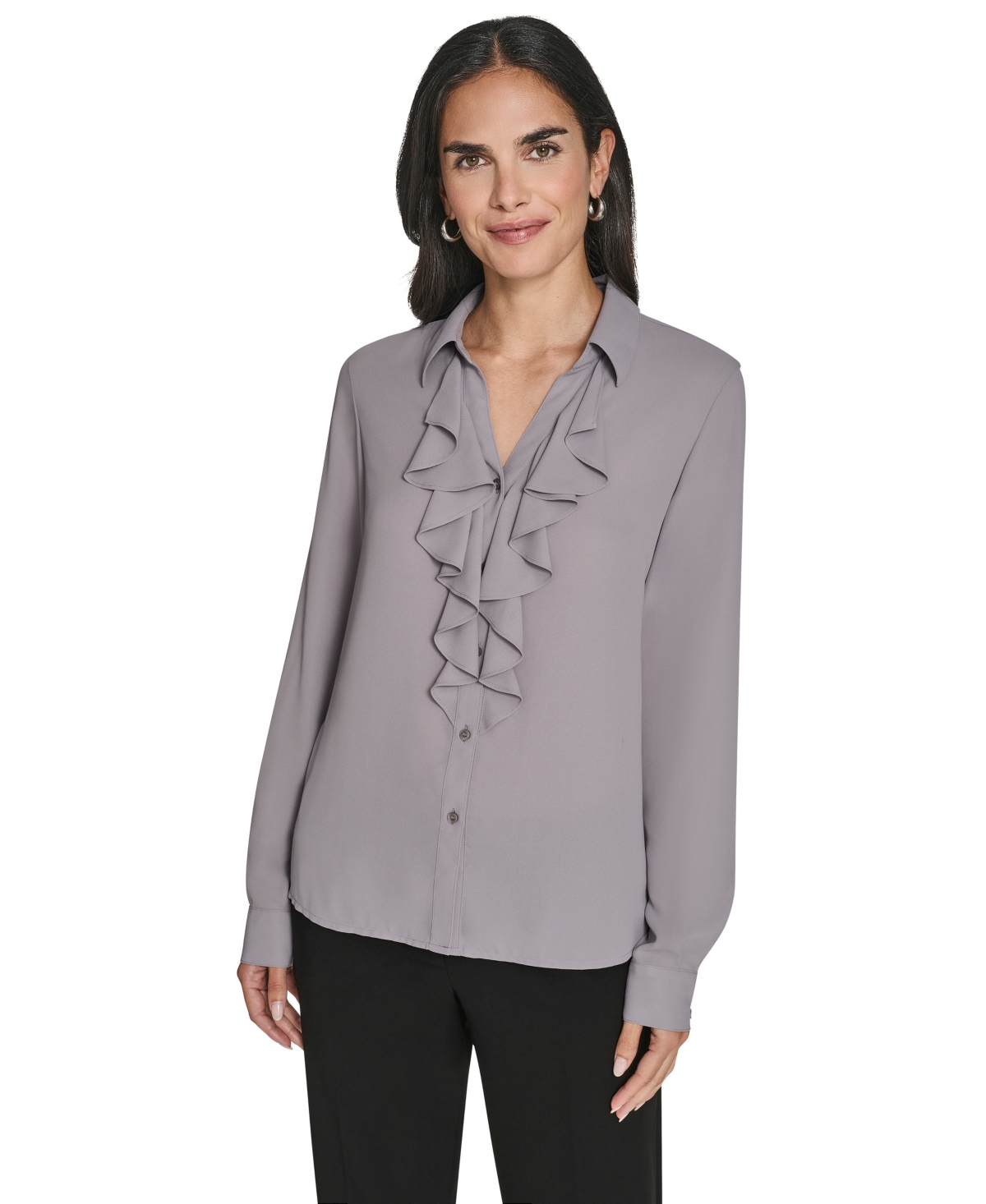 Calvin Klein Womens Solid Long Sleeve Ruffle Front Blouse - Pearl Gray