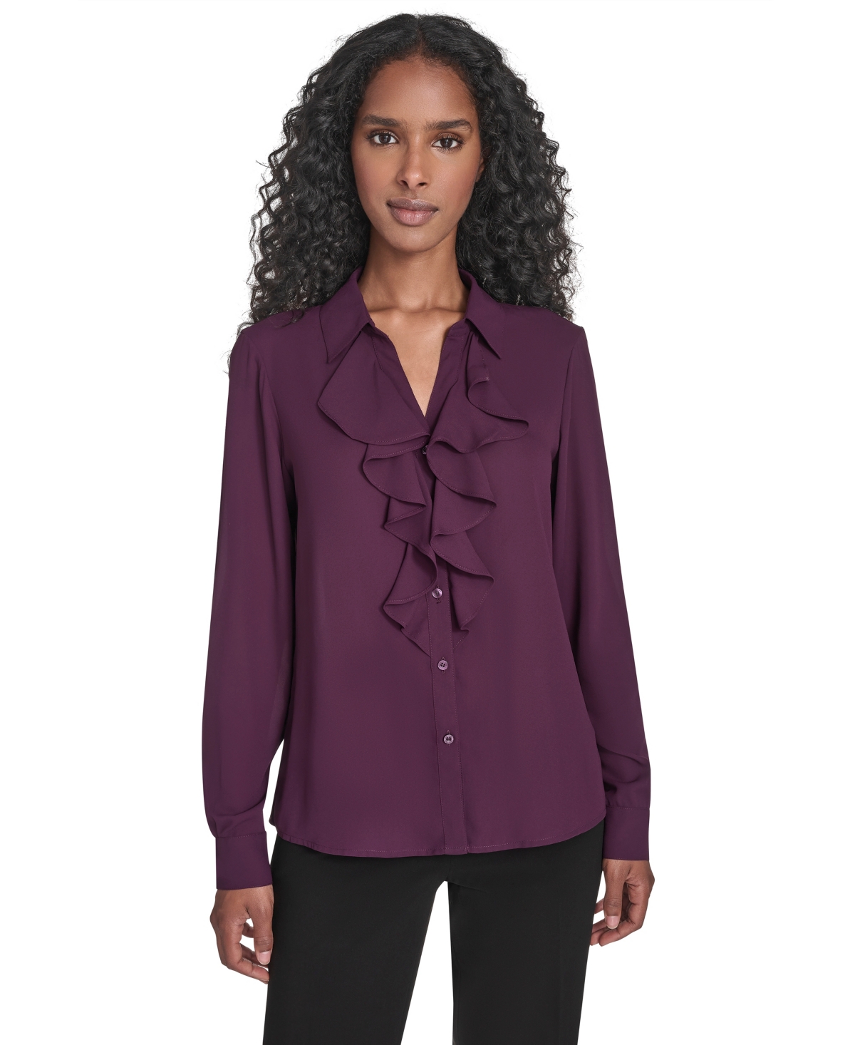 Calvin Klein Womens Solid Long Sleeve Ruffle Front Blouse - Aubergine
