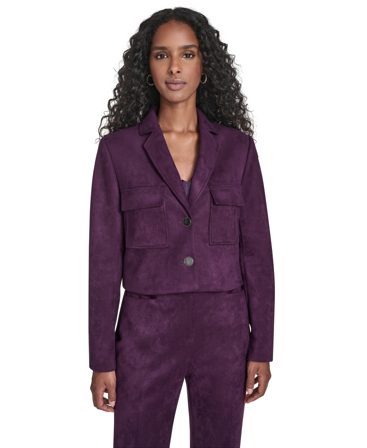 Click here for Calvin Klein Womens Suede Cropped Two Button Jacke... prices
