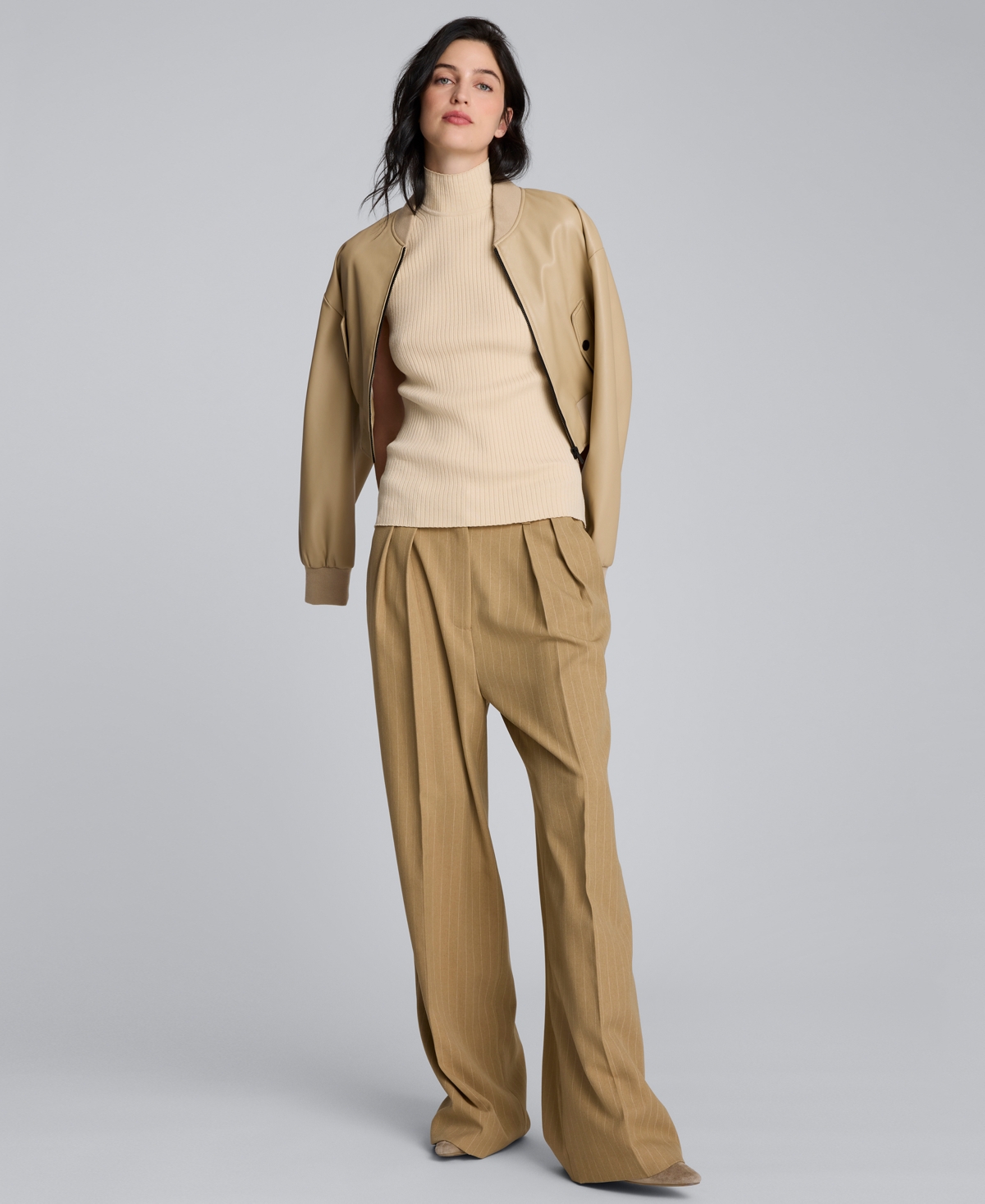 Kenneth Cole Womens High Rise Pleated Pinstripe Pants - Amber Melange / White