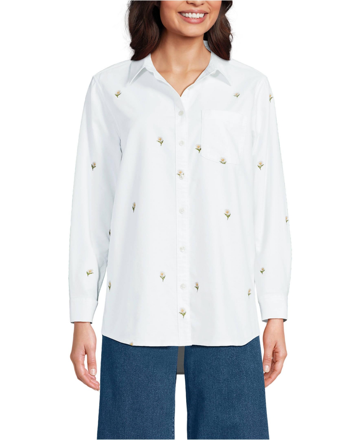 Click here for Lands End Womens Oxford Shirt - White daisy embroi... prices