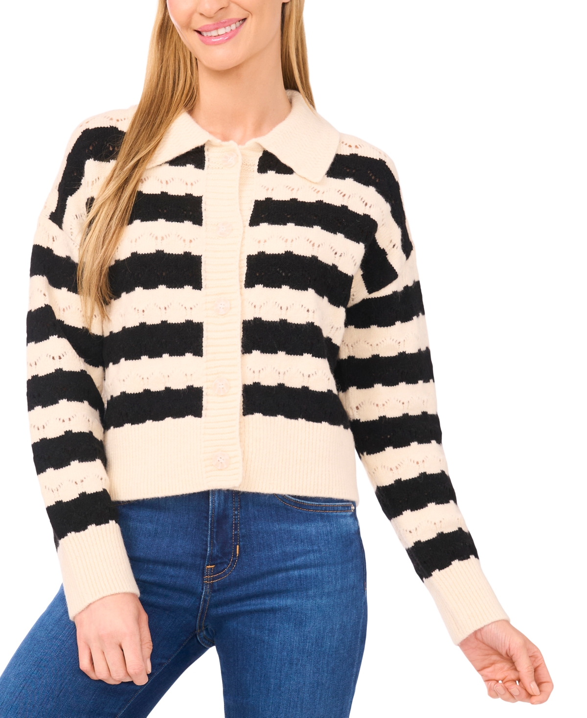 Click here for CeCe Womens Wide Collar Striped Long Sleeves Cardi... prices