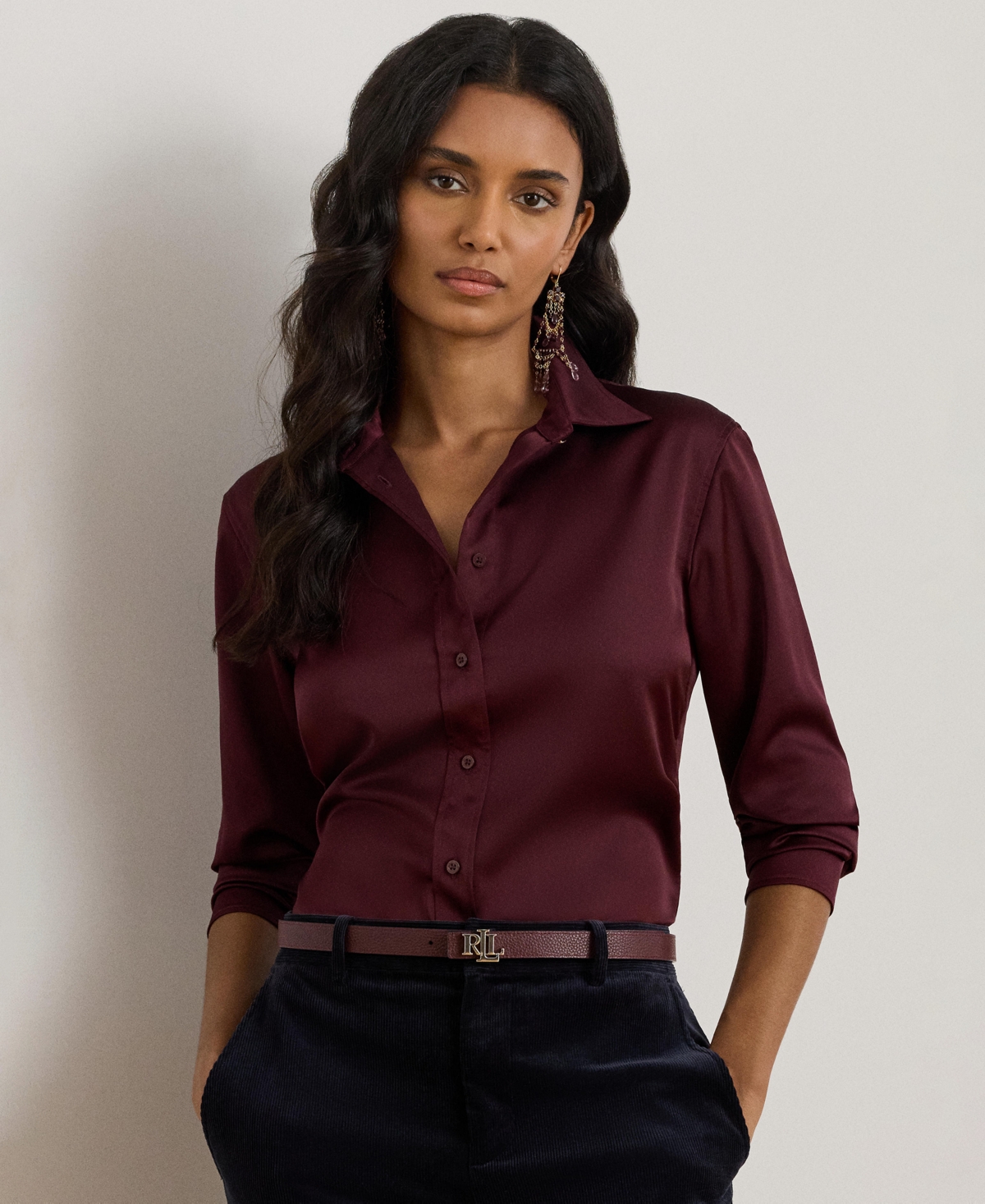 Lauren Ralph Lauren Womens Satin Charmeuse Shirt - Dark Garnet