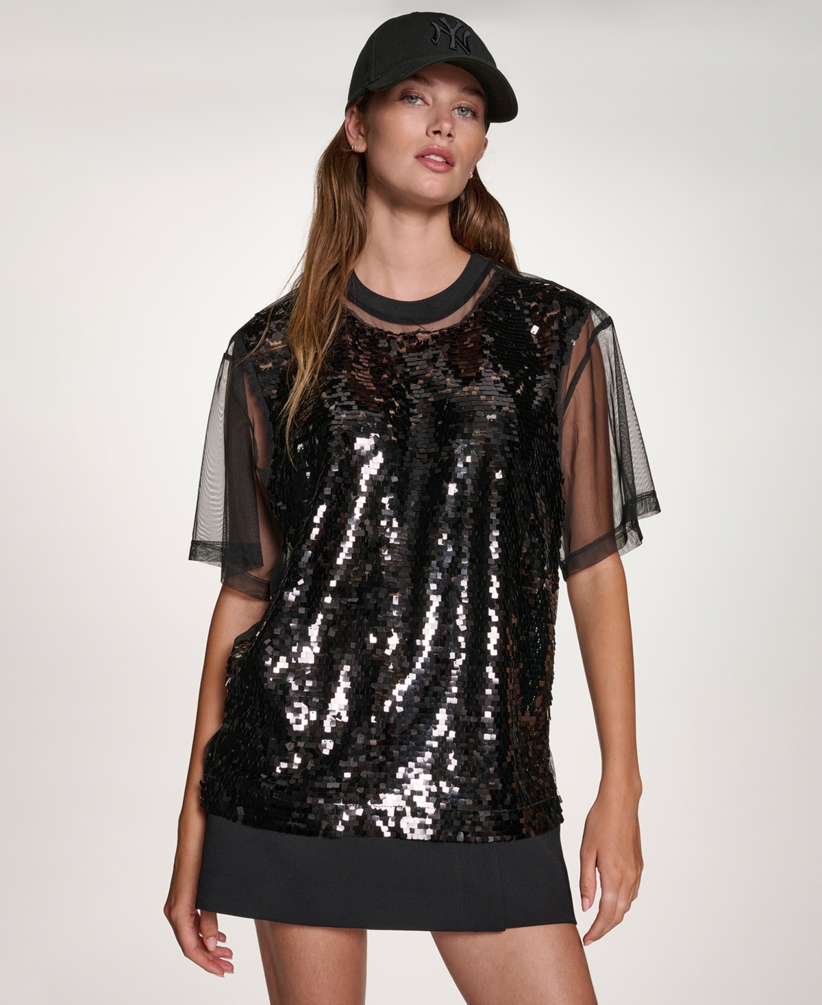 Click here for Dkny Womens Sequined Layered Short Sleeves Mesh To... prices