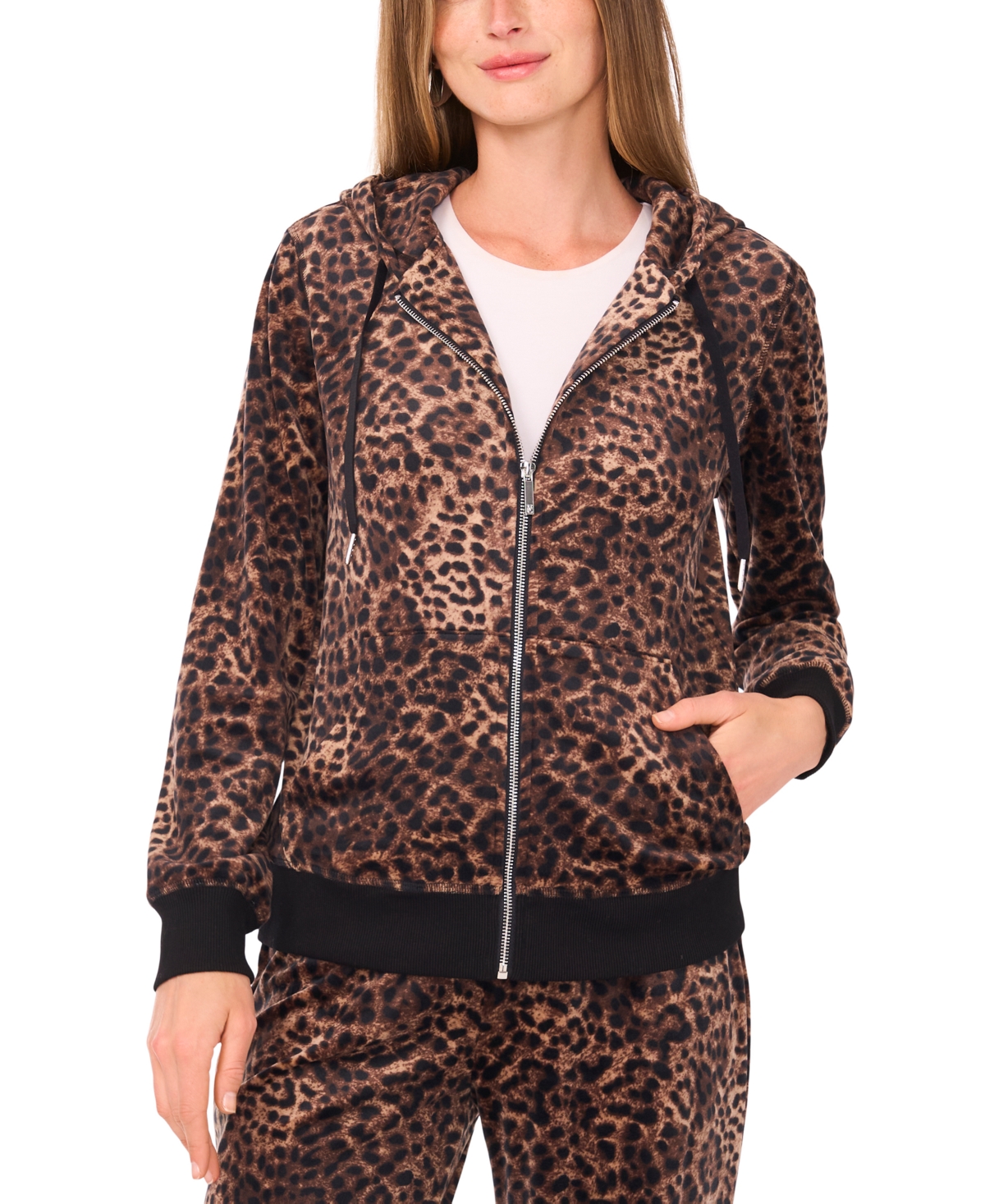 Click here for Vince Camuto Womens Velour Animal-Print Zip-Front... prices