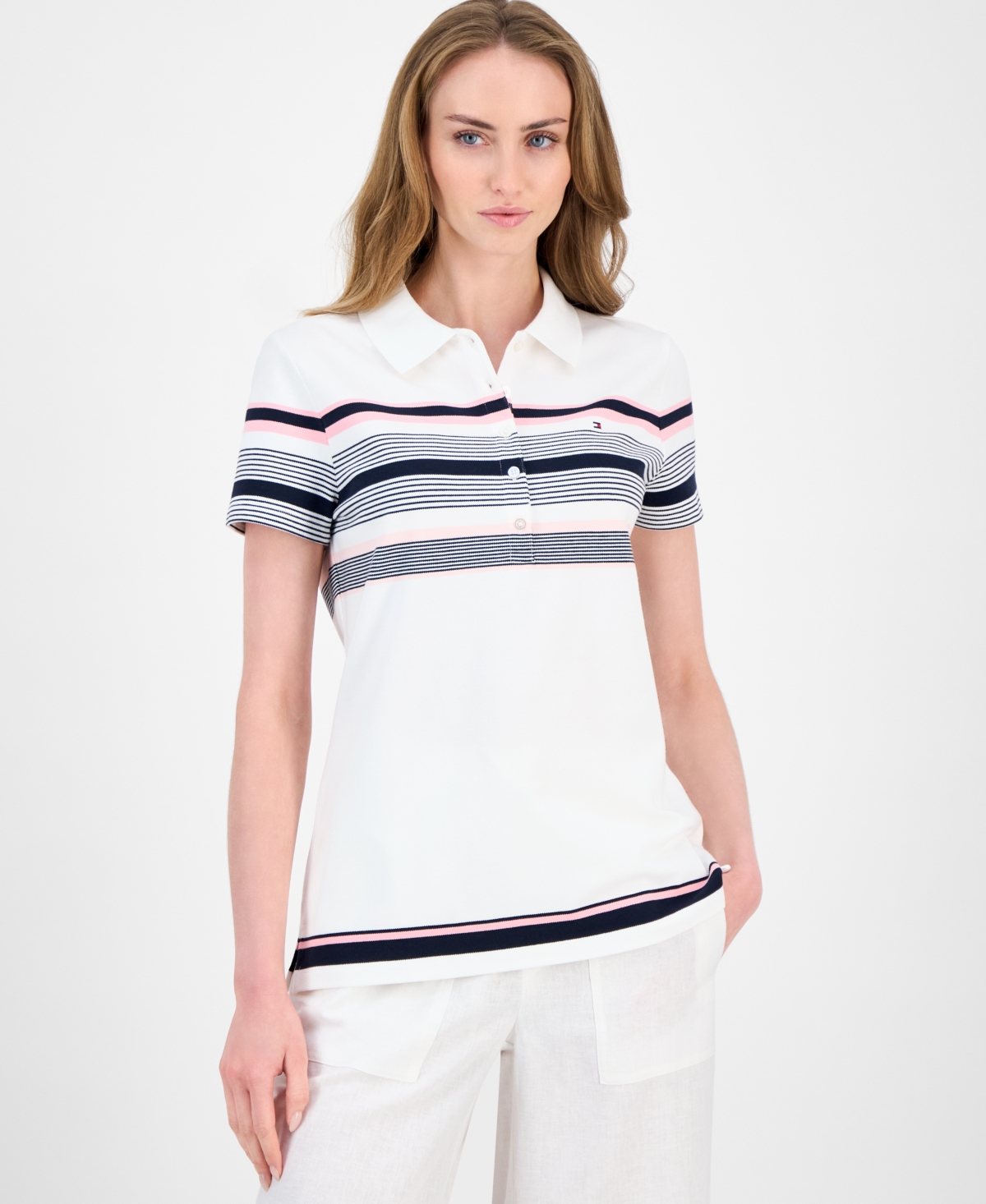 Click here for Tommy Hilfiger Womens Striped Pique Short-Sleeve P... prices