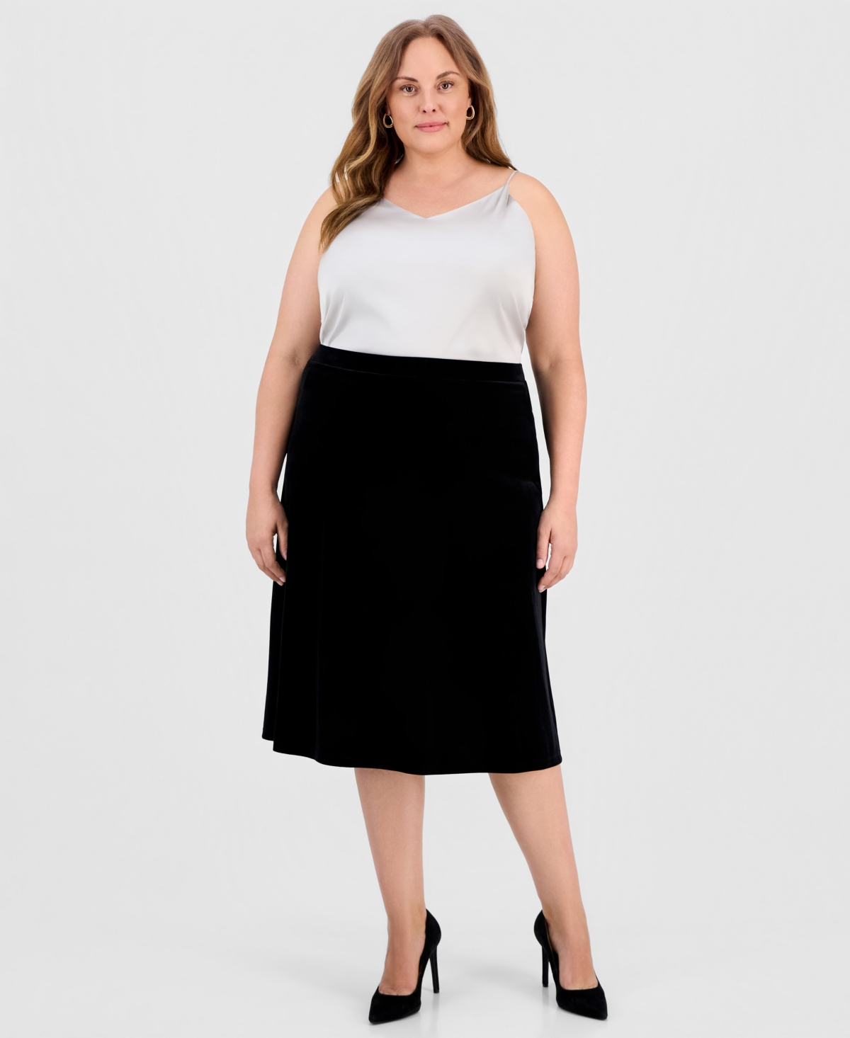 Click here for Kasper Plus Size Velvet Pull-On Midi Flair Skirt -... prices