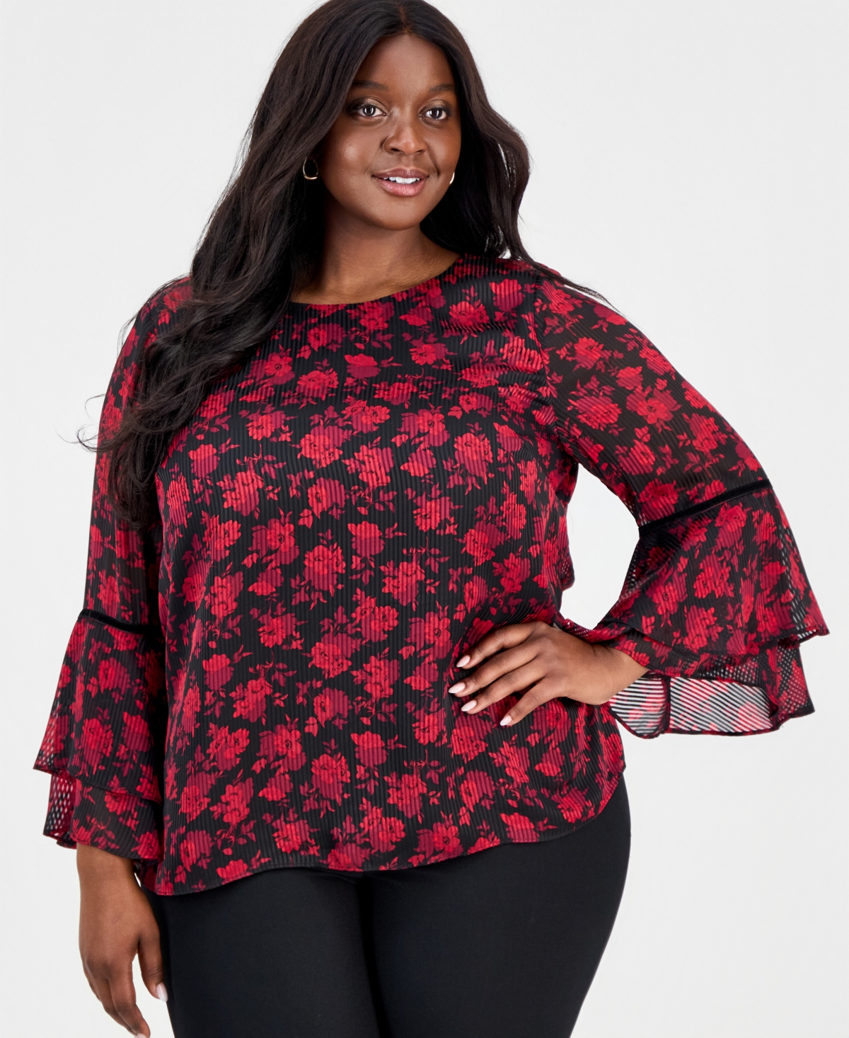Click here for Kasper Plus Size Tiered Bell-Sleeve Top - Fire Red... prices