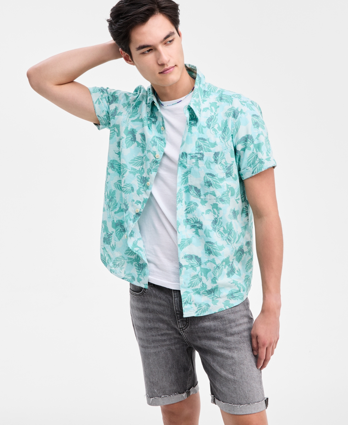 Click here for Sun + Stone Mens Forest Leaf Short-Sleeve Button-U... prices