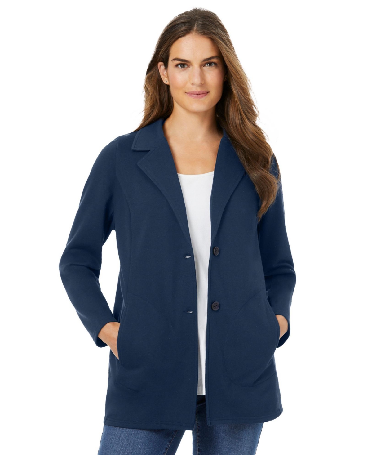 Click here for Woman Within Womens Within Knit Blazer - Navy prices