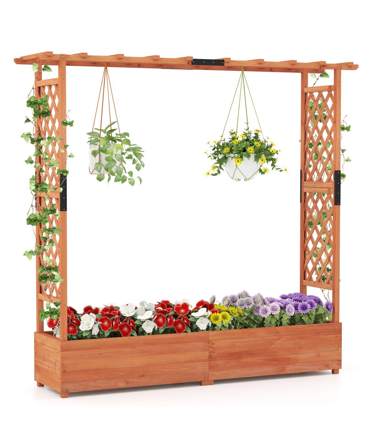 Gymax Raised Garden Bed Planter Box w/ Side & Top Trellis for Vine Climbing Plants - Brown