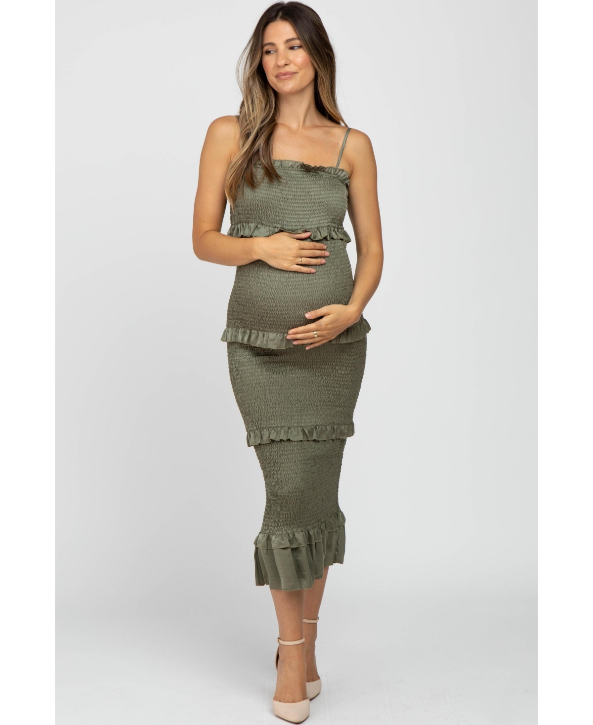 Click here for Pinkblush Maternity Olive Satin Smocked Fitted Mat... prices