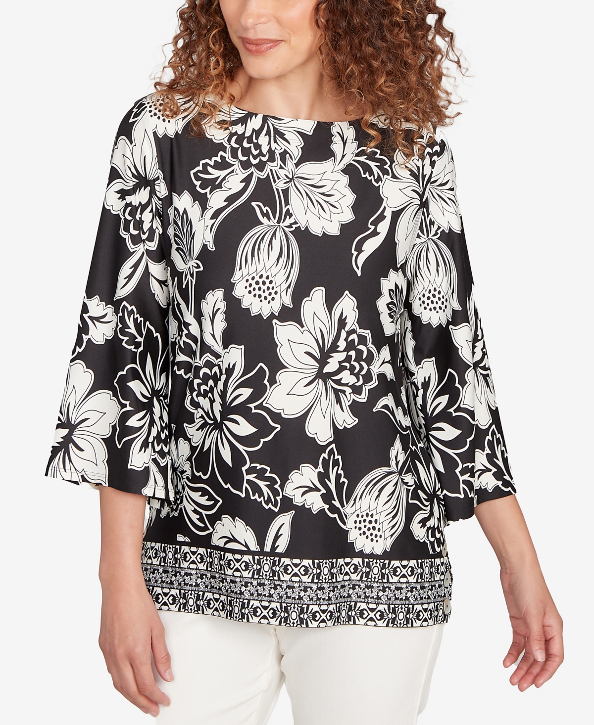 Click here for Ruby Rd. Petite Floral Geo Border Knit Top - Black... prices
