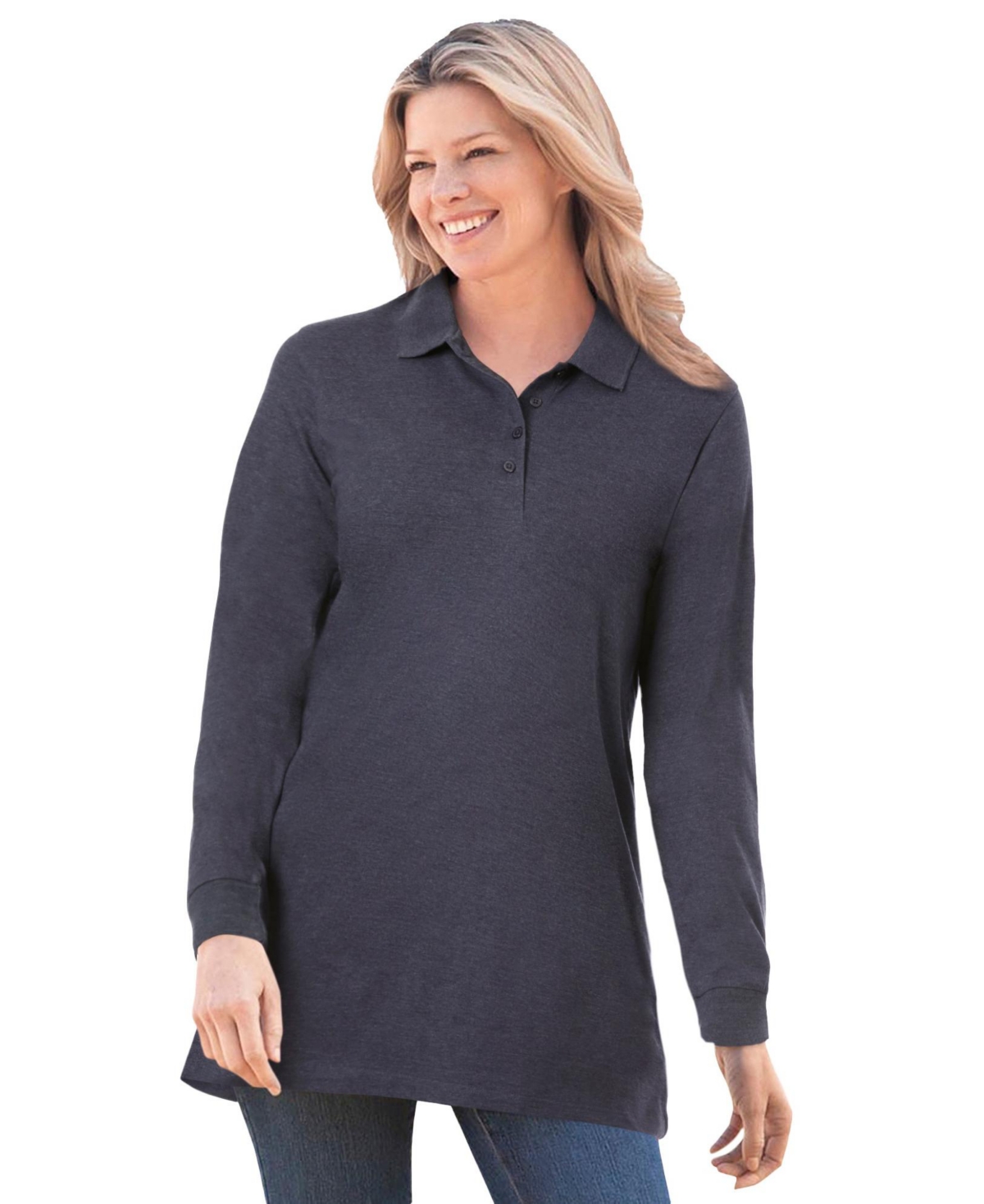 Click here for Woman Within Plus Size Long-Sleeve Polo Shirt - He... prices