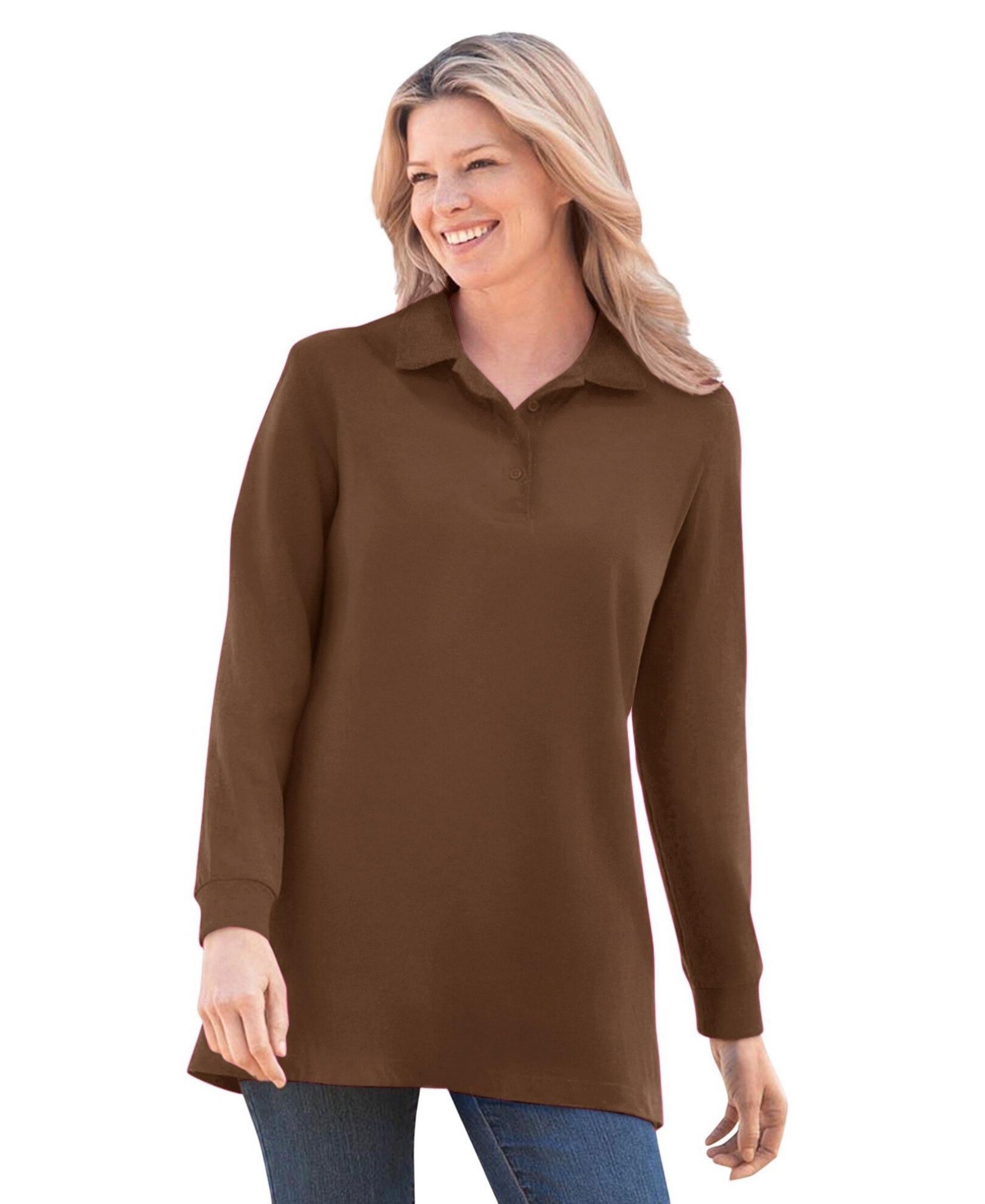 Click here for Woman Within Plus Size Long-Sleeve Polo Shirt - Ch... prices