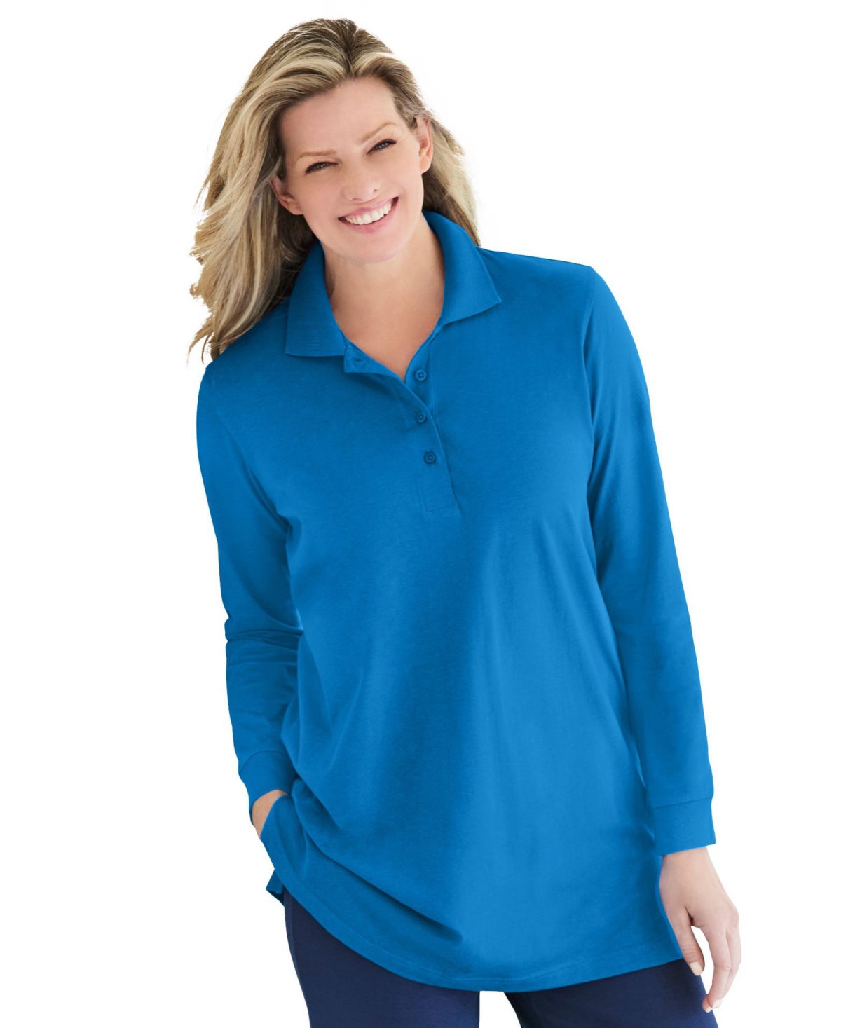 Click here for Woman Within Plus Size Long-Sleeve Polo Shirt - Br... prices