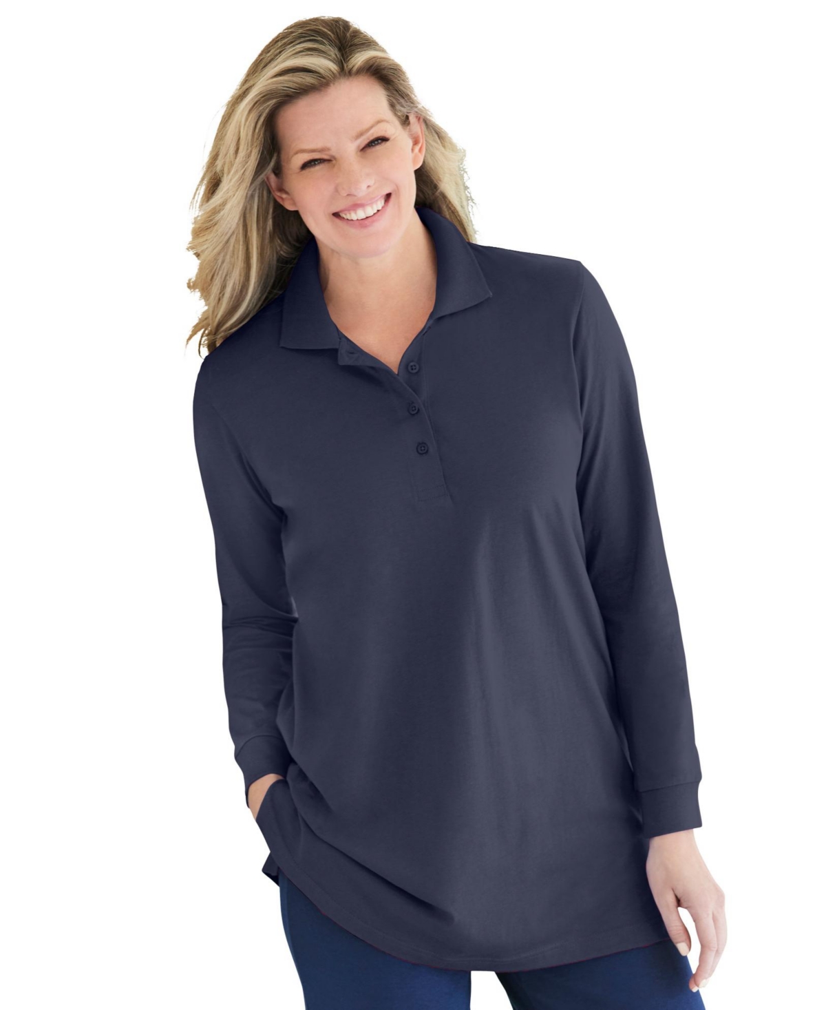 Click here for Woman Within Plus Size Long-Sleeve Polo Shirt - Na... prices