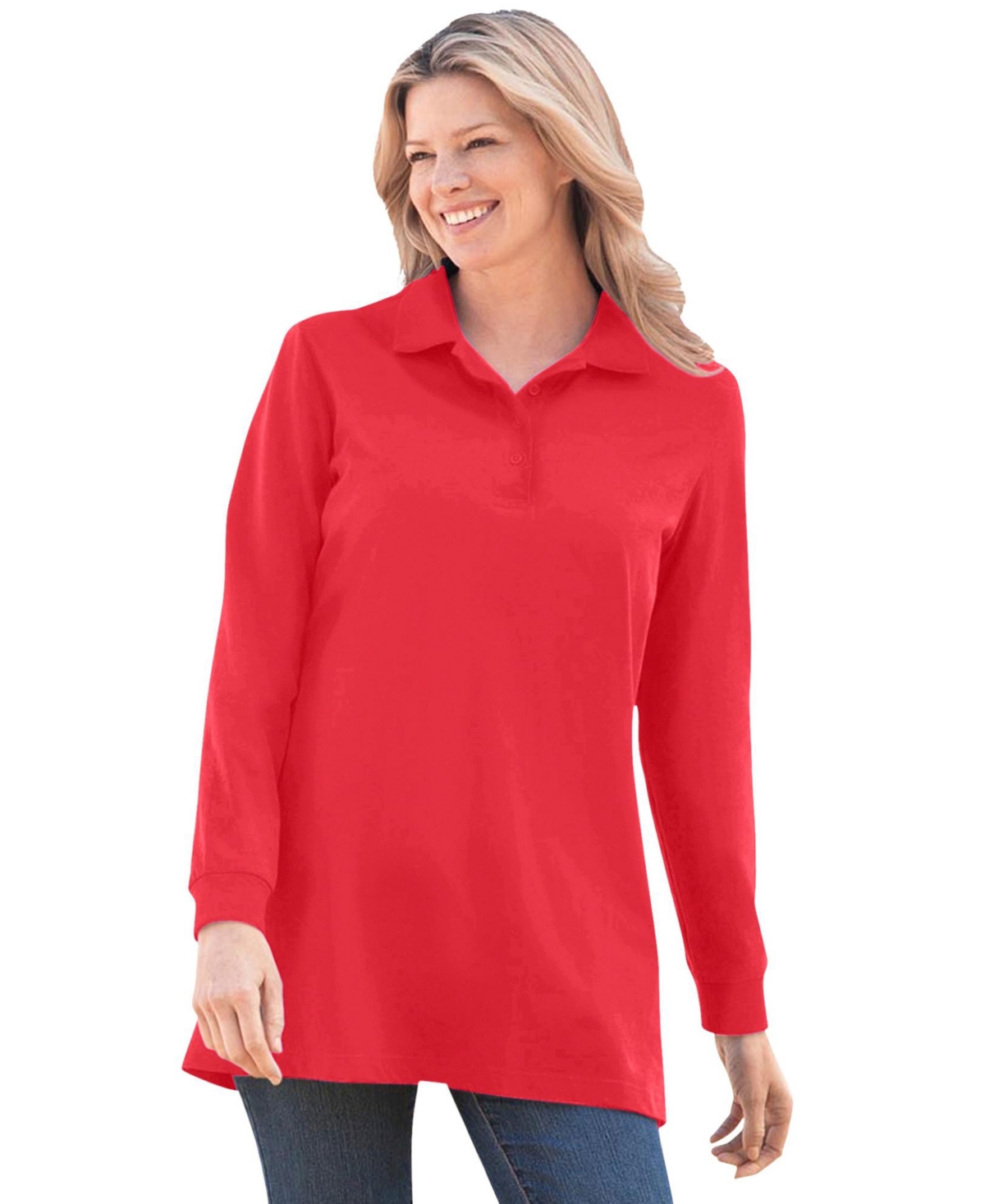 Click here for Woman Within Plus Size Long-Sleeve Polo Shirt - Vi... prices