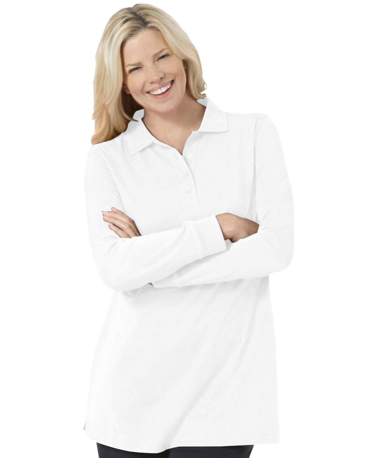 Click here for Woman Within Plus Size Long-Sleeve Polo Shirt - Wh... prices