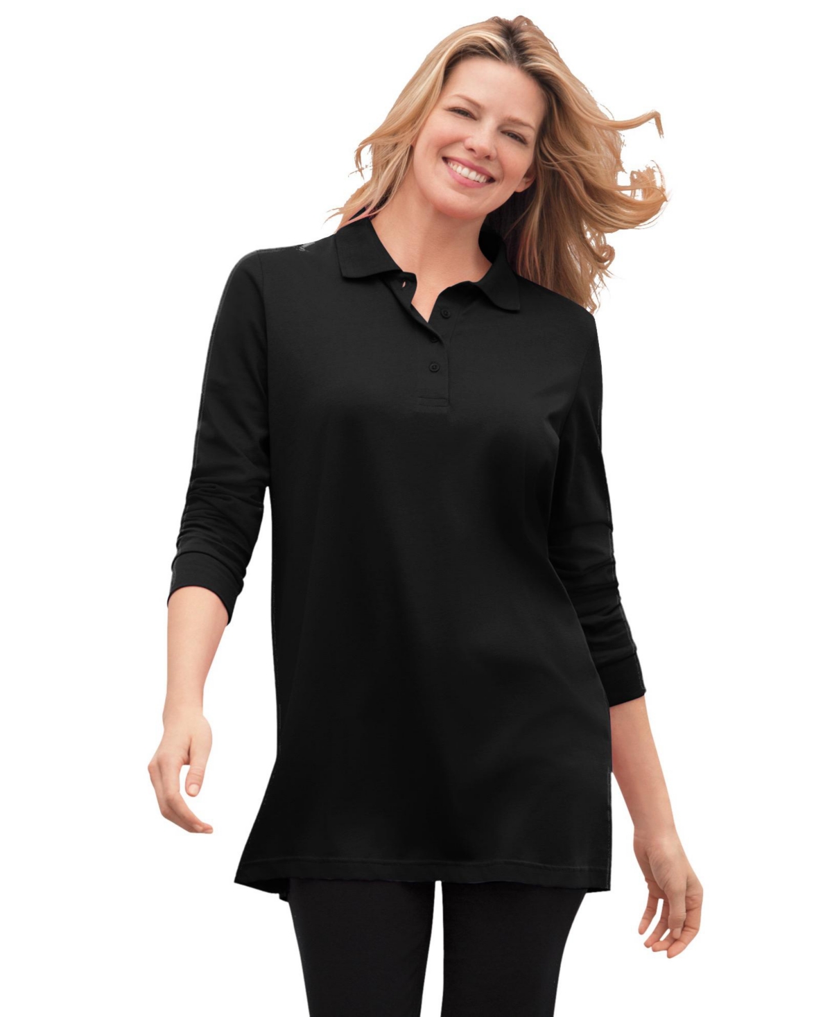 Click here for Woman Within Plus Size Long-Sleeve Polo Shirt - Bl... prices