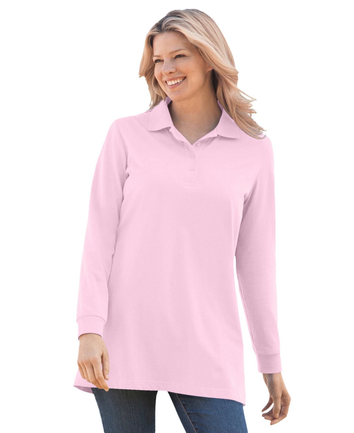Click here for Woman Within Plus Size Long-Sleeve Polo Shirt - Pi... prices