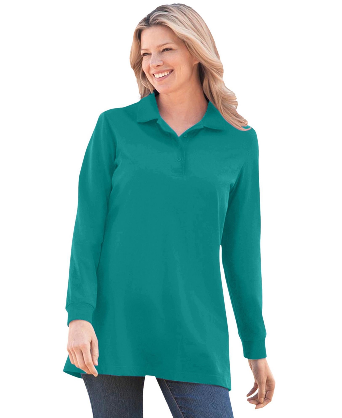 Click here for Woman Within Plus Size Long-Sleeve Polo Shirt - Wa... prices