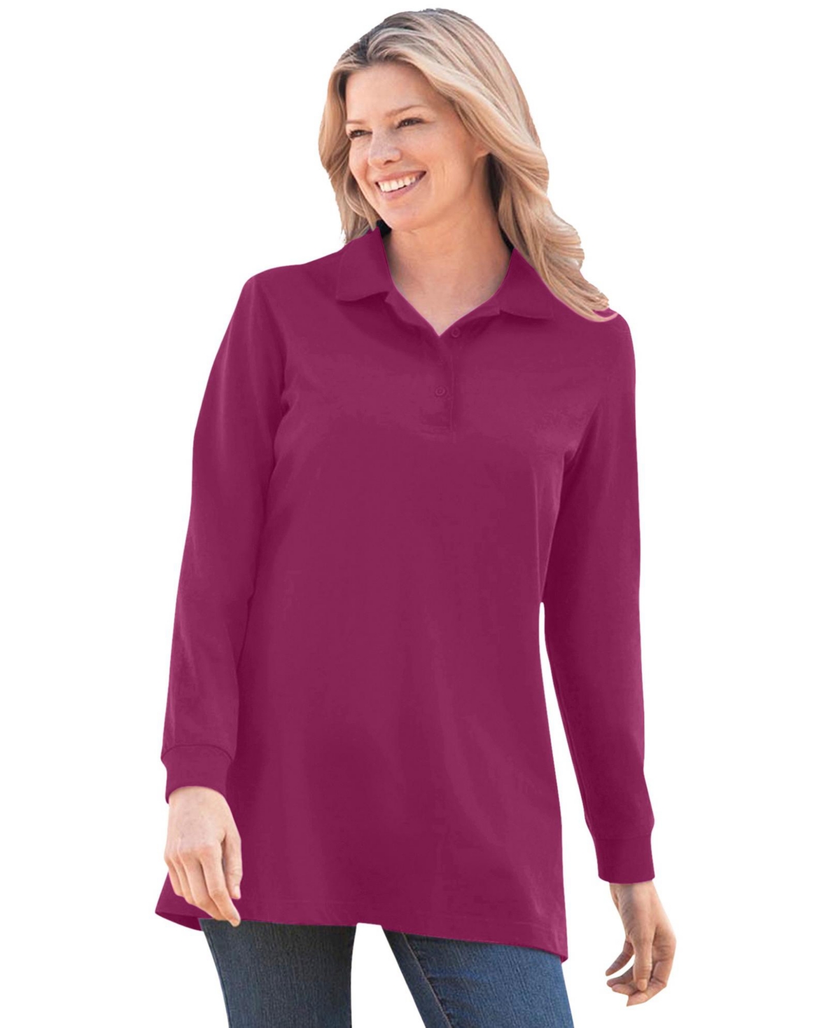 Click here for Woman Within Plus Size Long-Sleeve Polo Shirt - Ra... prices