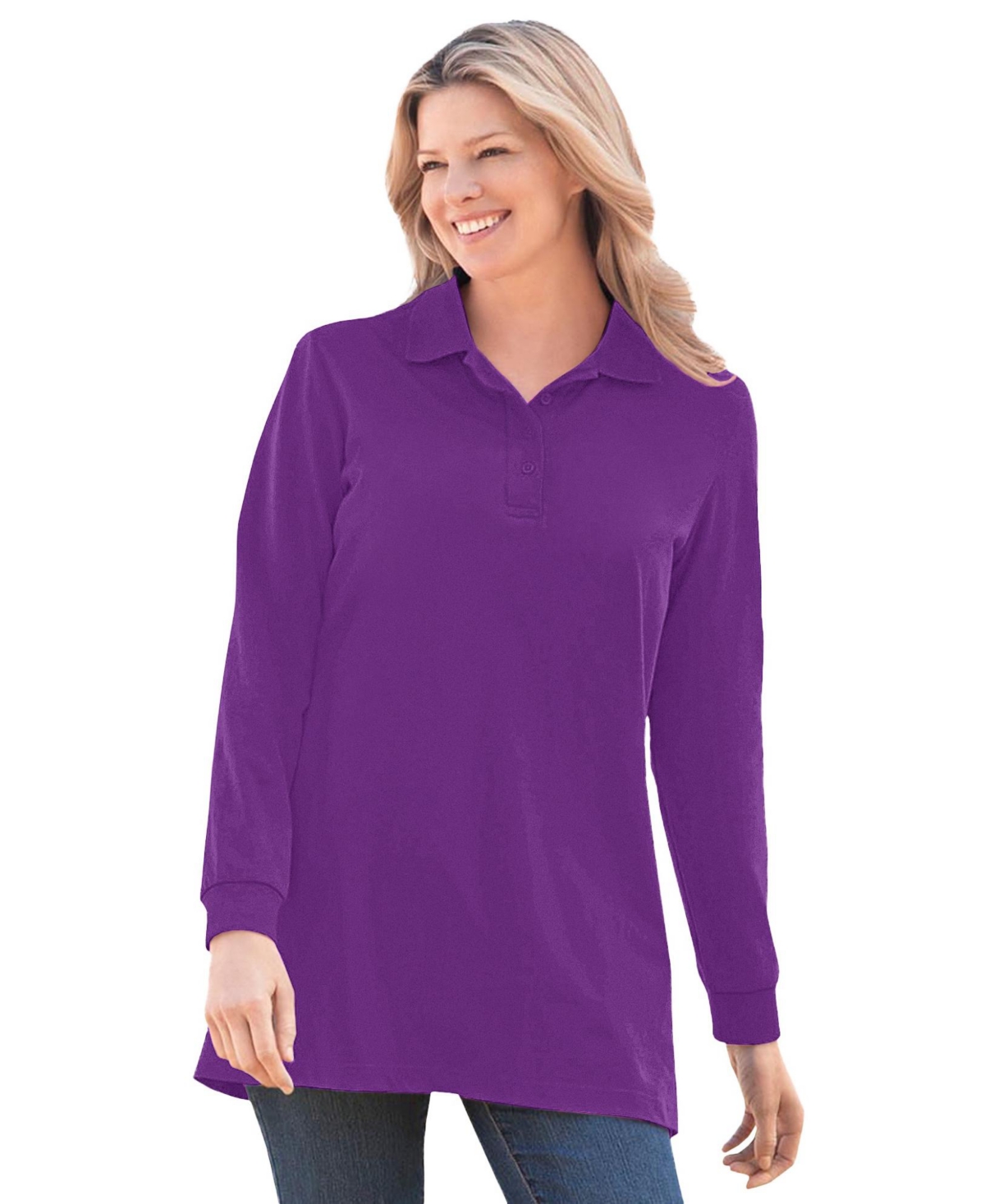 Click here for Woman Within Plus Size Long-Sleeve Polo Shirt - Pu... prices
