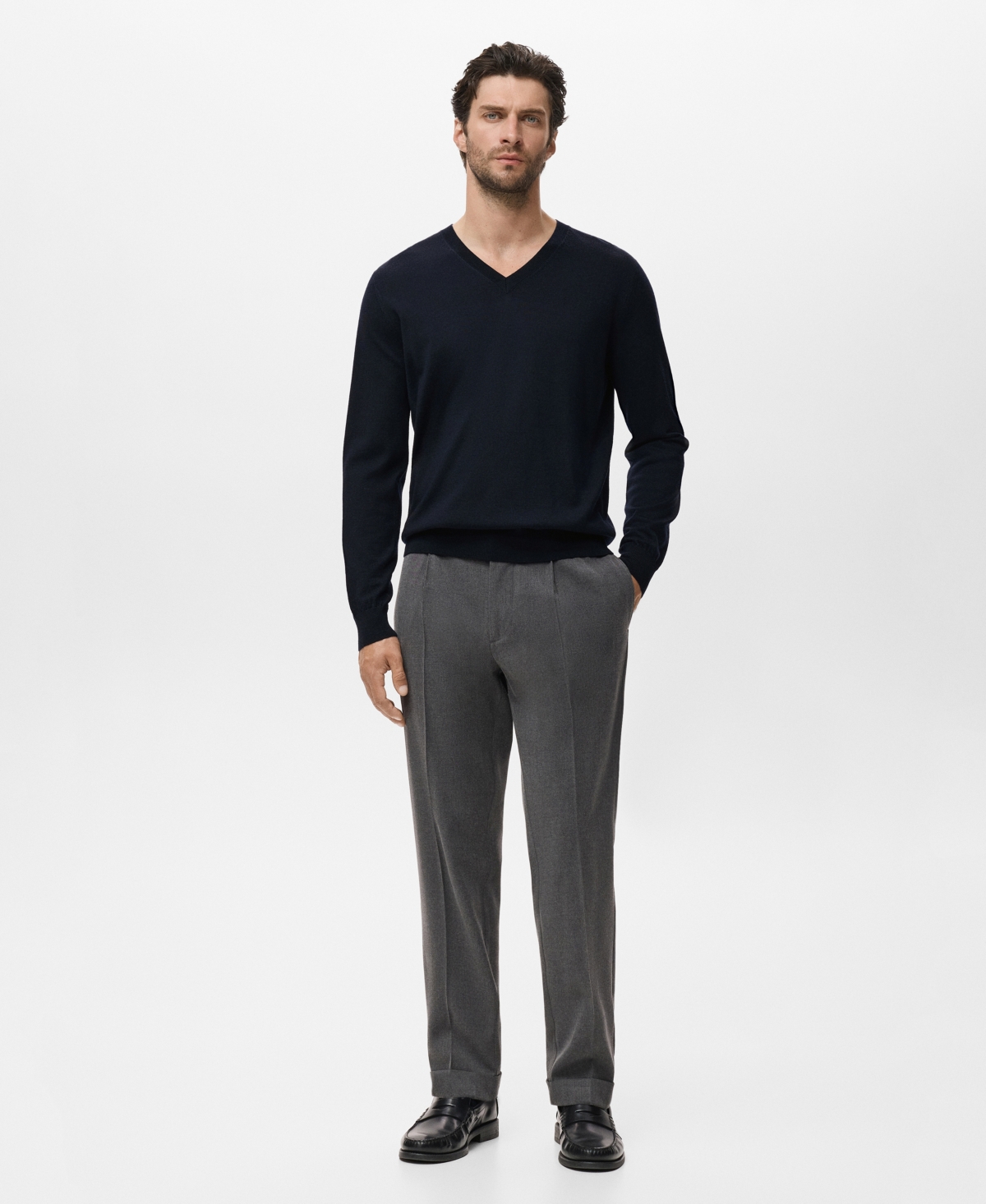Click here for Mango Mens Merino Wool V-Neck Sweater - Navy prices