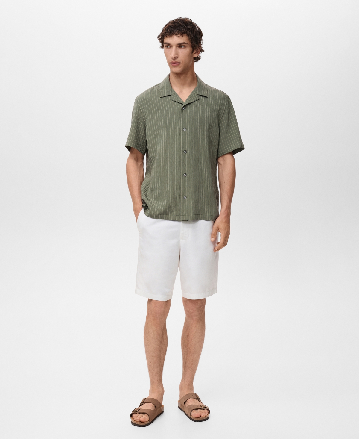 Click here for Mango Mens Short Sleeve Striped Shirt - Dark Green prices
