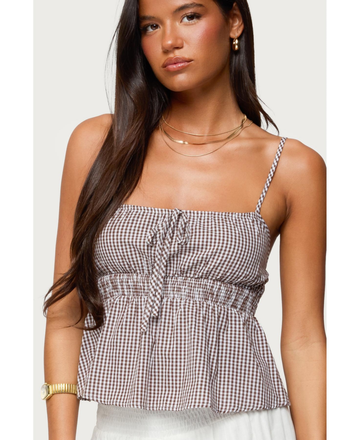 Click here for Edikted Womens Zahara Gingham Babydoll Top - Brown prices