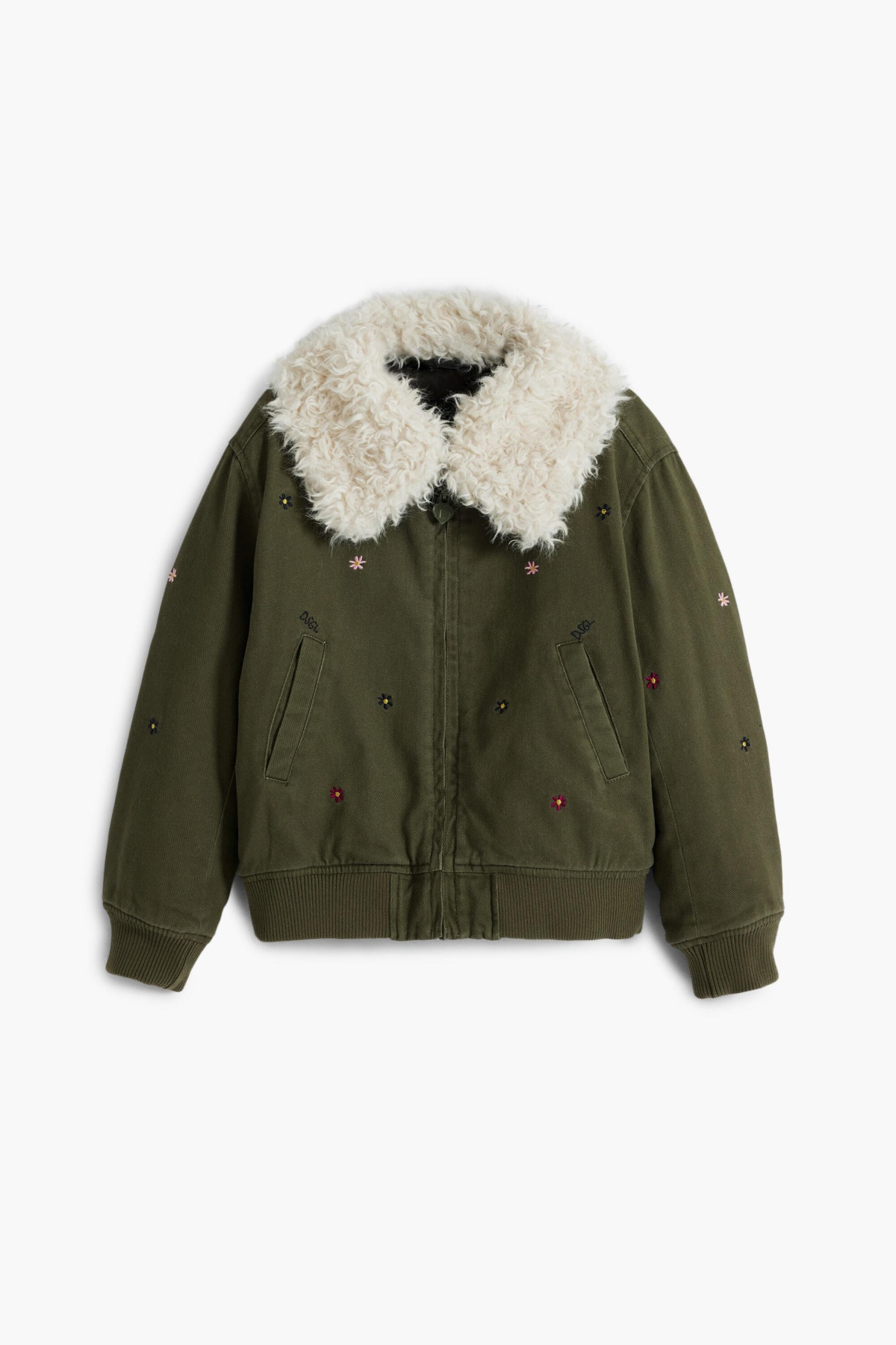 Click here for Desigual Girlss Fur collar bomber jacket - Khaki prices