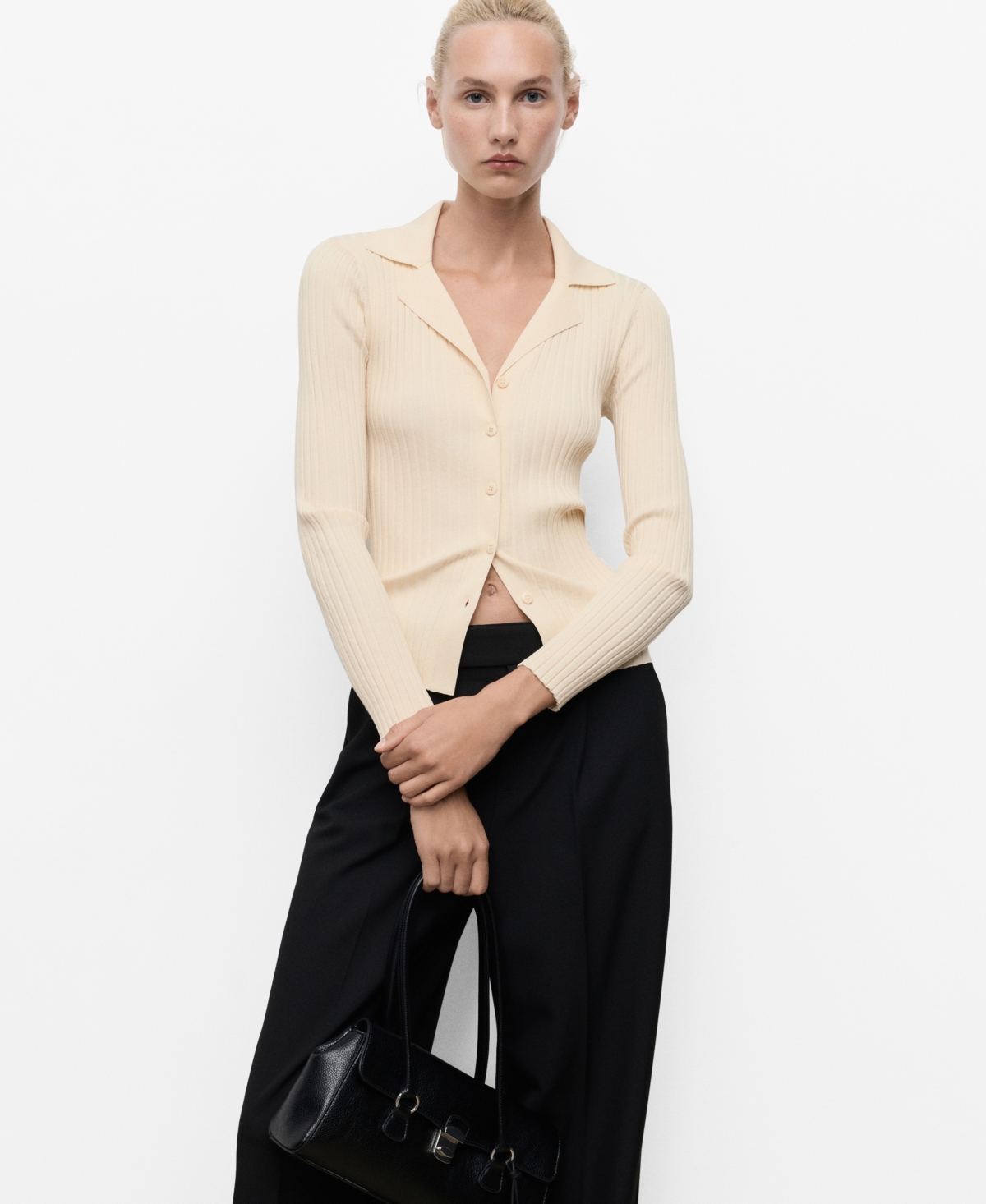 Click here for Mango Womens Ribbed Lapel Cardigan - Ecru prices