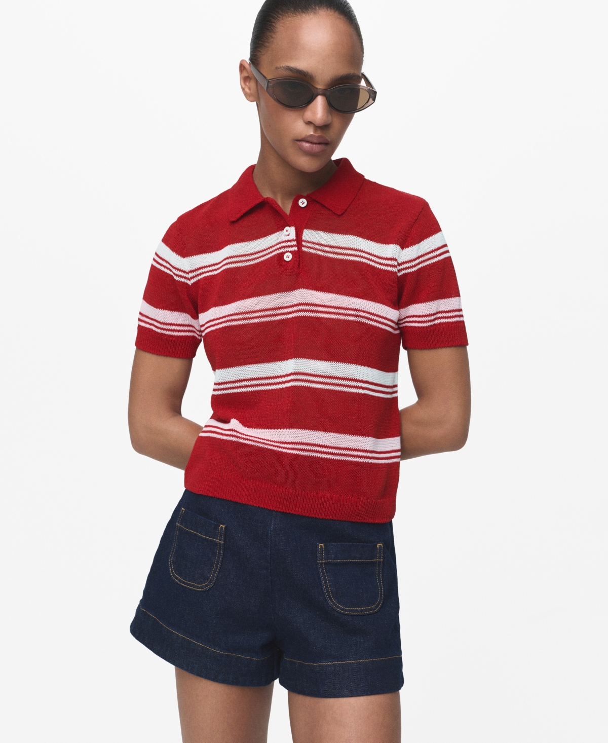 Click here for Mango Womens Striped Polo Neck Sweater - Red prices