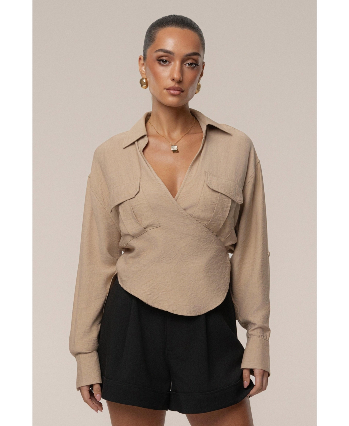 Click here for Jluxlabel Womens Drift Collared Cargo Top - Beige prices
