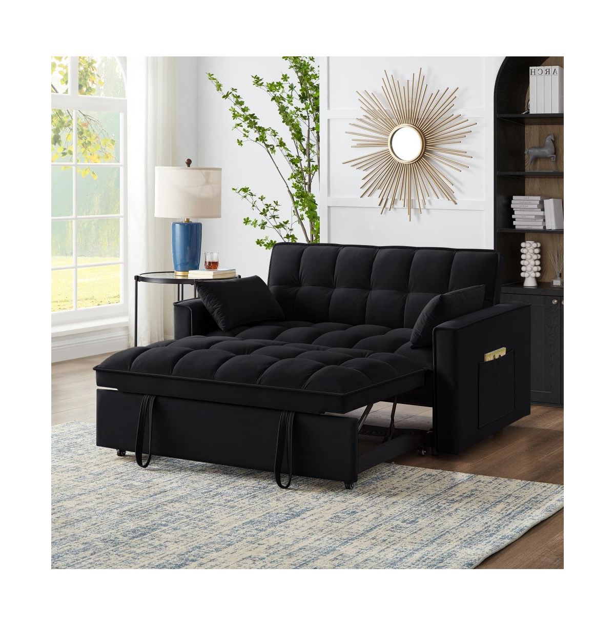 Modern Velvet Loveseat Sofa Bed with Storage & Pull-Out Bed  Compact Sleeper Couch with Adjustable Recline-Maison Boucle - Black
