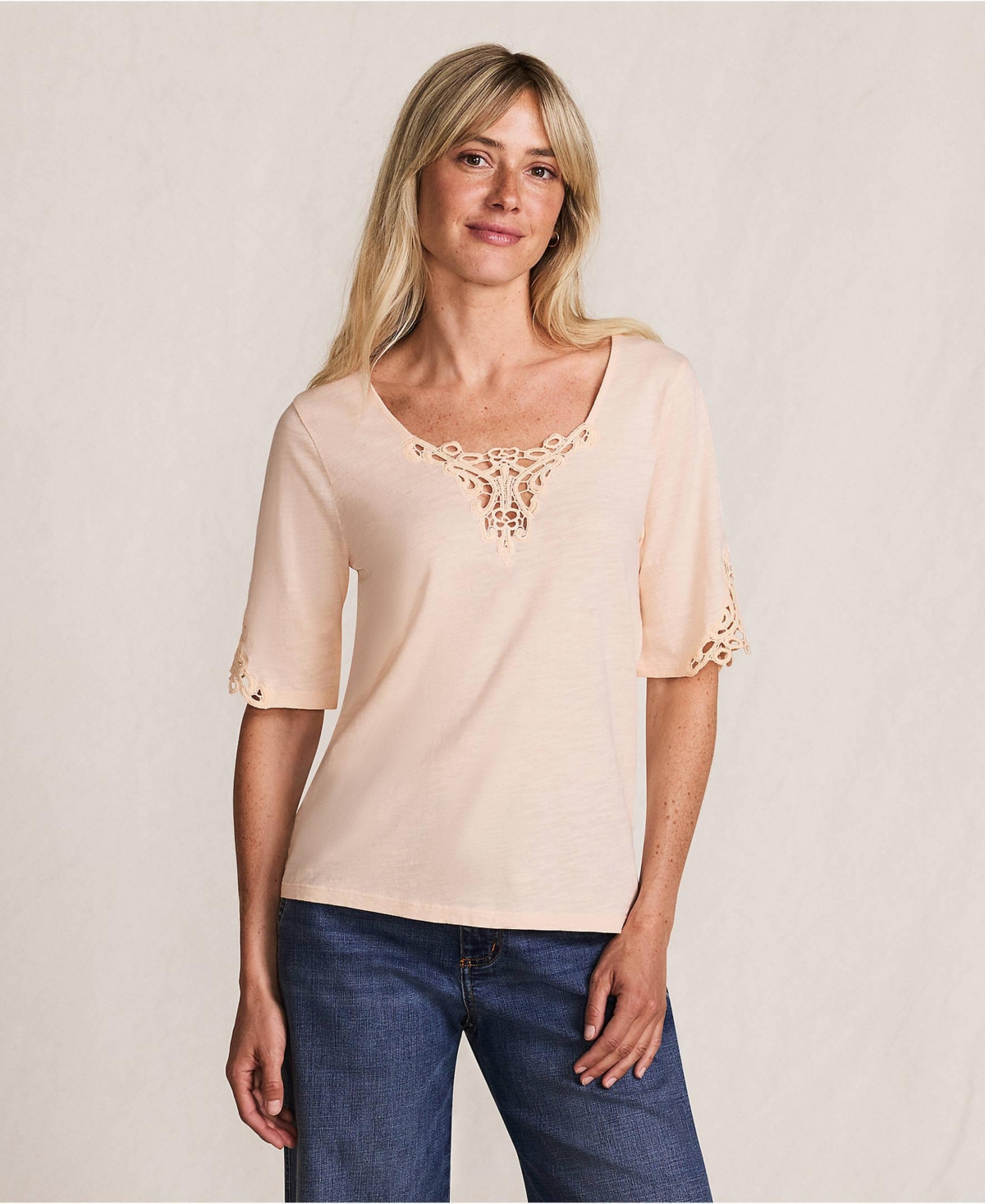 Click here for Lands End Womens Elbow Sleeve Slub Lace Trim T-Shi... prices