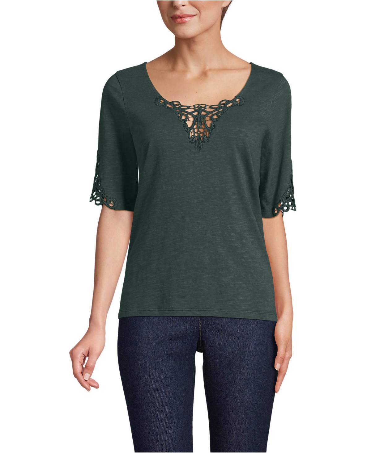 Click here for Lands End Womens Elbow Sleeve Slub Lace Trim T-Shi... prices