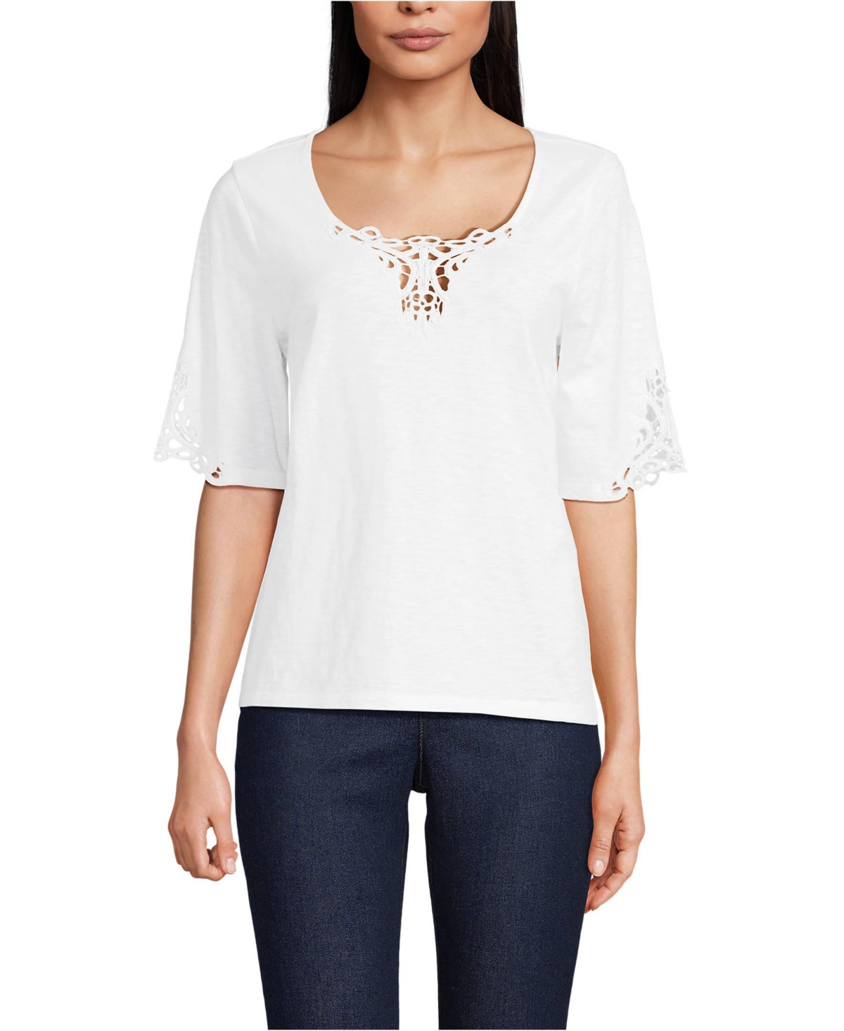 Click here for Lands End Womens Elbow Sleeve Slub Lace Trim T-Shi... prices