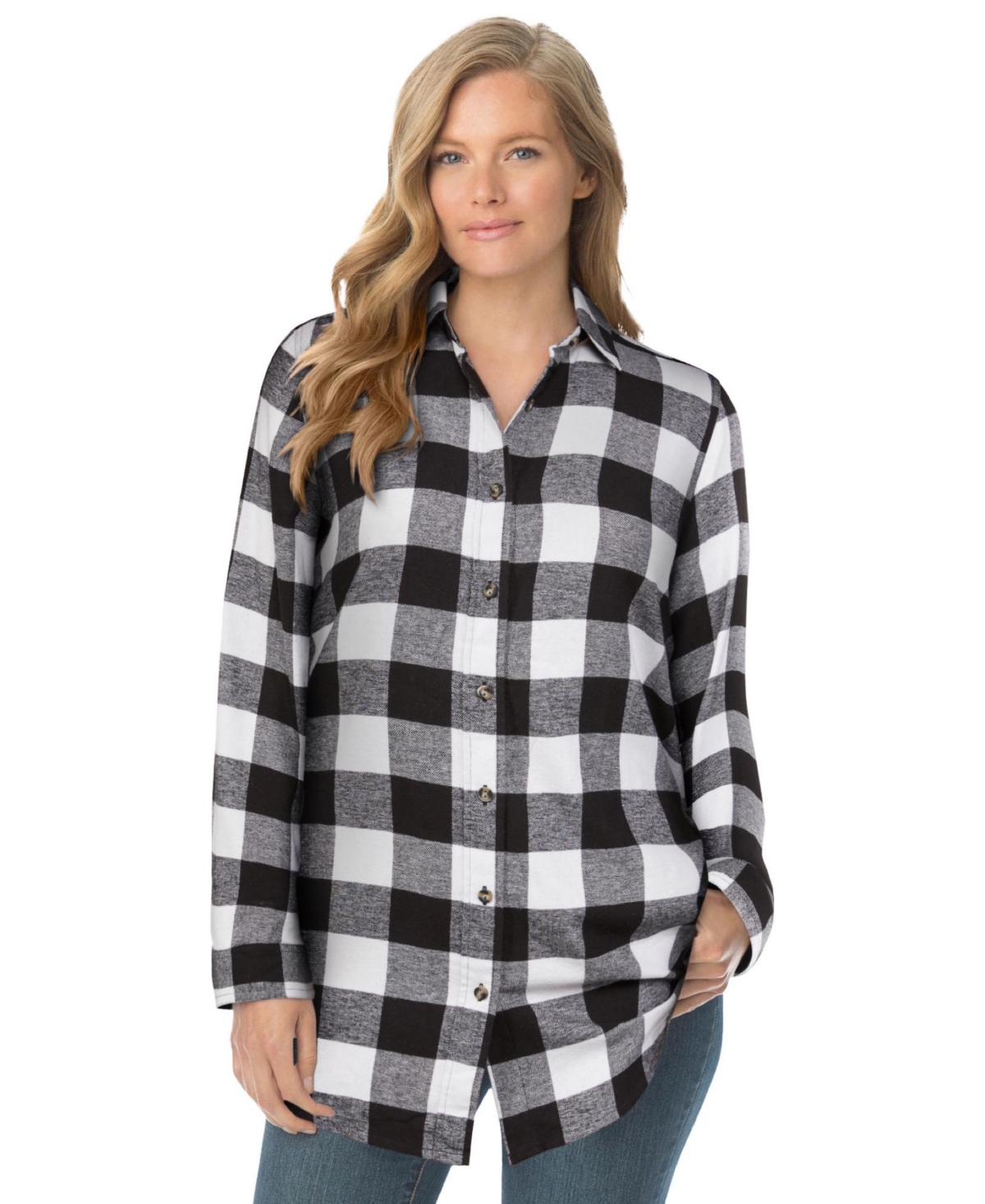 Click here for Woman Within Plus Size Classic Flannel Shirt - Whi... prices
