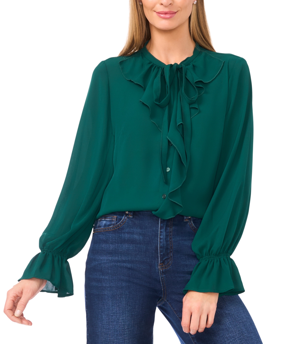 Click here for CeCe Womens Long Sleeve Button-Down Ruffle Top - D... prices