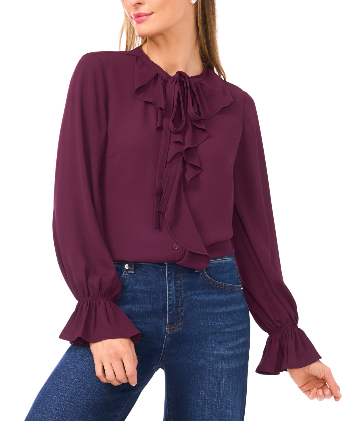 Click here for CeCe Womens Long Sleeve Button-Down Ruffle Top - P... prices