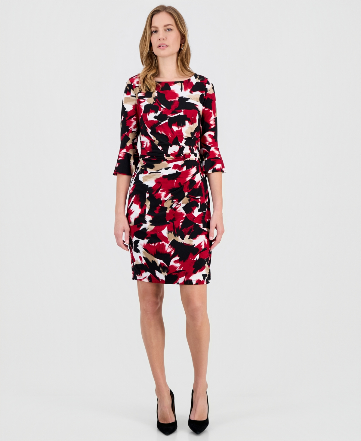 Click here for Kasper Womens Printed Bell-Sleeve Sheath Dress - B... prices