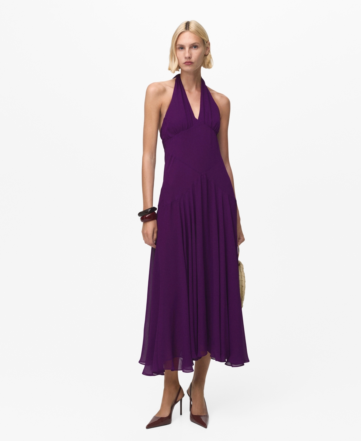 Click here for Mango Womens Halter Neck Pleated Dress - Purple prices