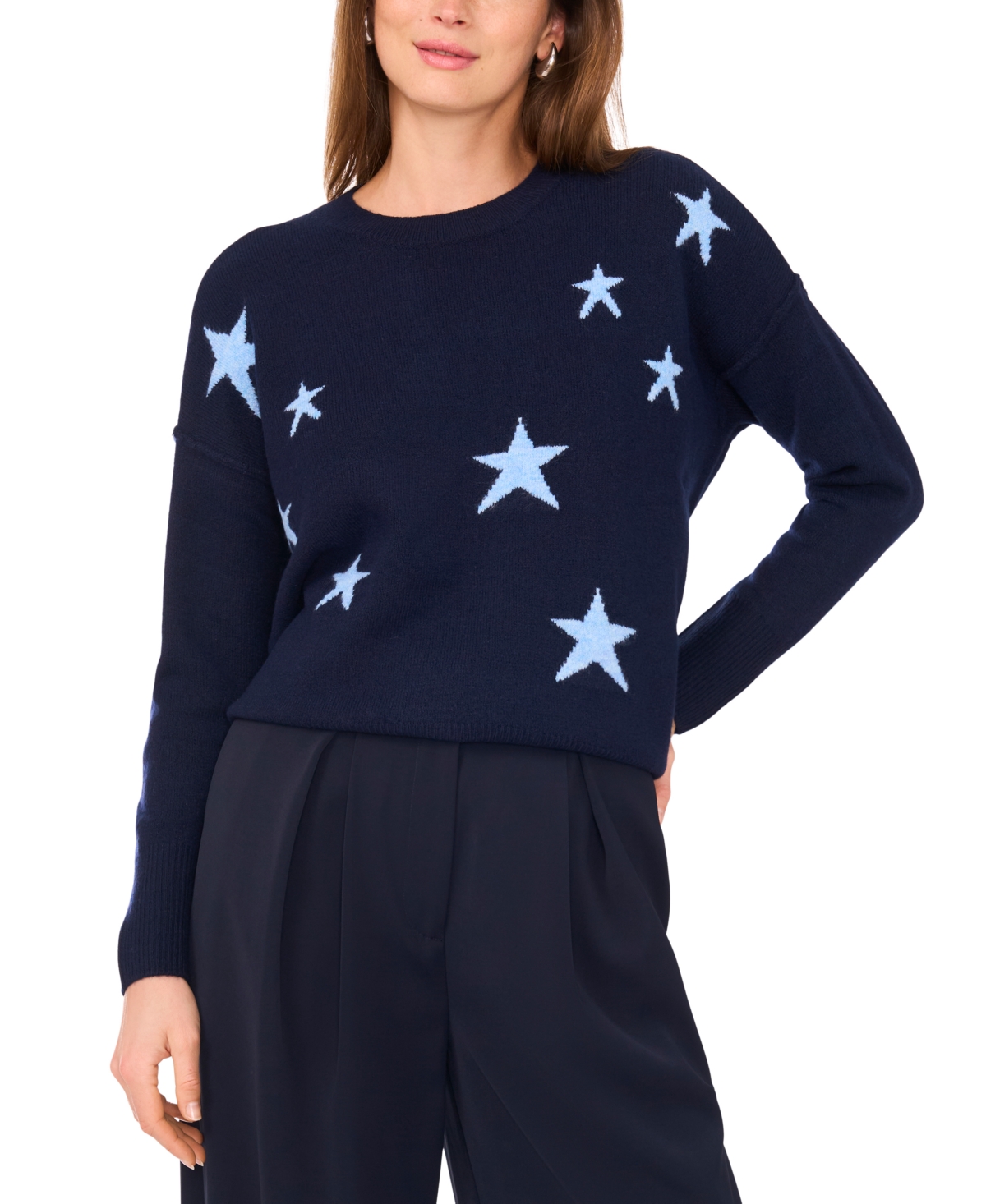 Click here for Vince Camuto Womens Cozy Crewneck Star-Print Dropp... prices