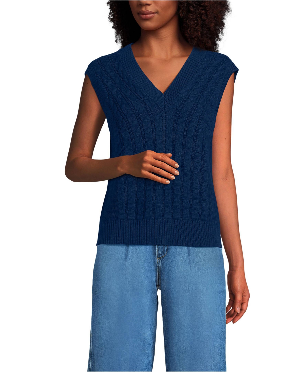 Click here for Lands End Womens Drifter Modern Cable V Neck Vest... prices